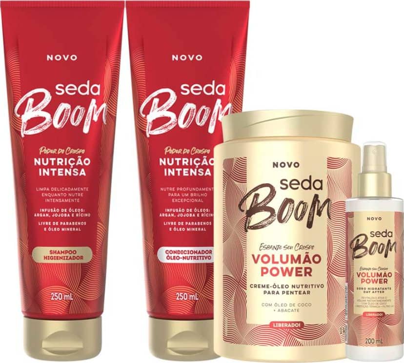 Kit Seda Boom: Shampoo Nutrição 250ml + Cond. 250ml + Creme 1kg + Soro ...