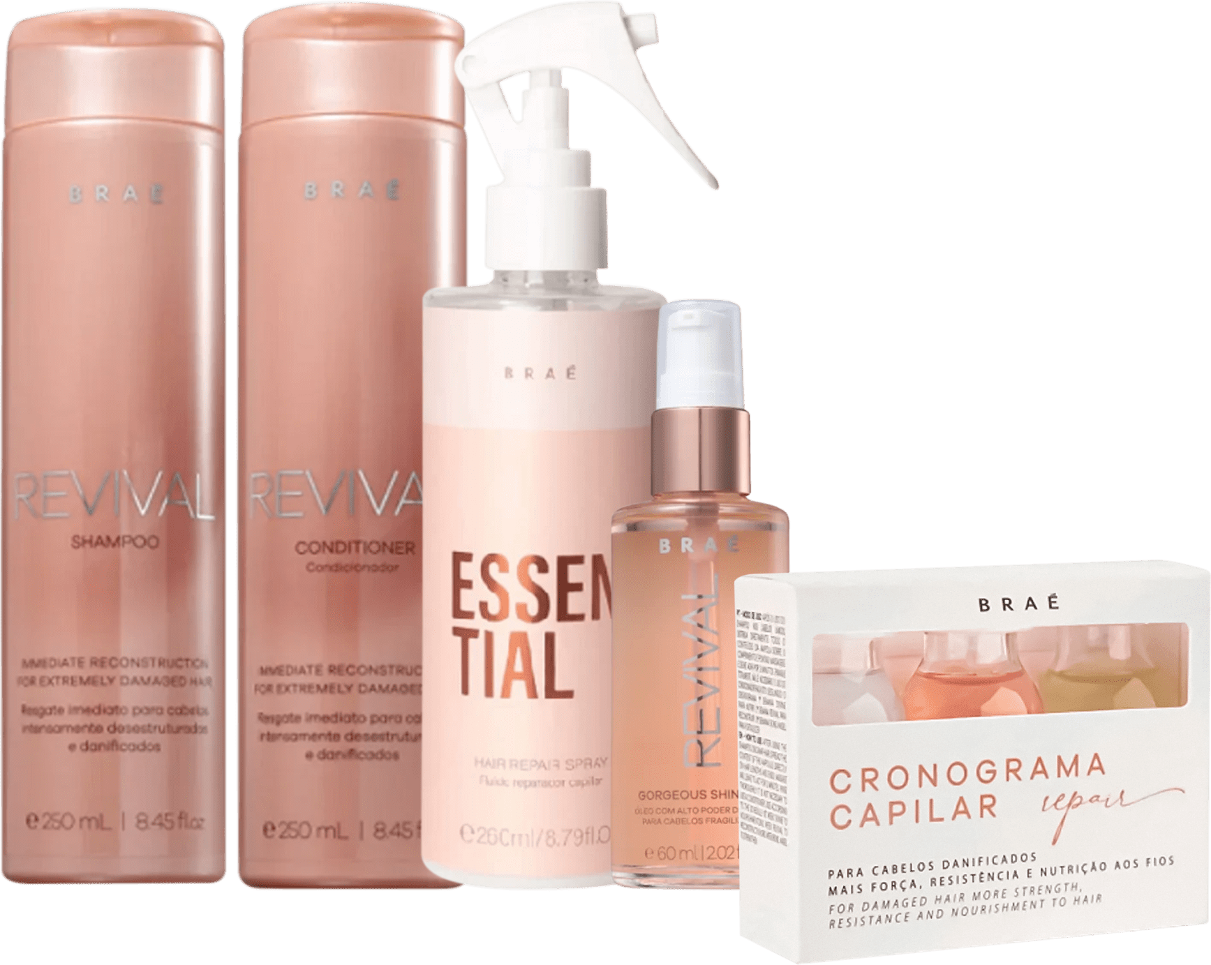 BRAE Revival Shampoo+Condicionador 250ml+Shine Oil 60ml+Essential 260ml+Cronograma Capilrar ...