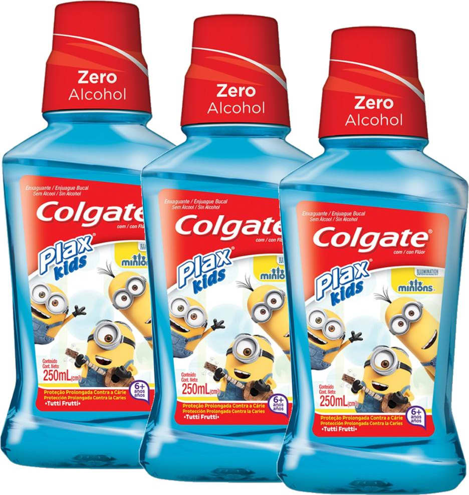 Kit Enxaguante Bucal Colgate Plax Kids Minions 250ml com 3 unidades