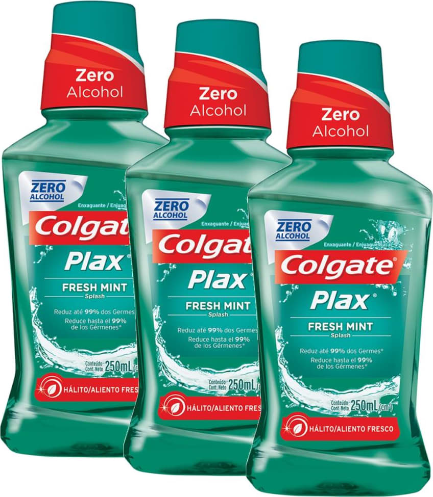 Kit Enxaguante Bucal Colgate Plax Fresh Mint 250ml com 3 unidades