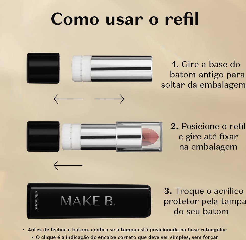 Combo Batom Glossy Make B.: Nude 3,6 g + Refil Rose 3,6g | O Boticário