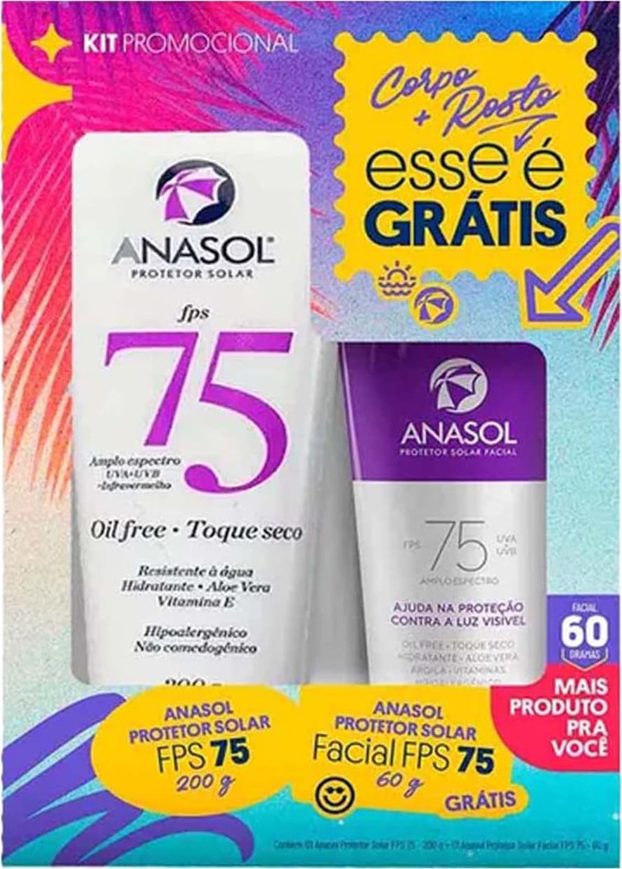Kit Anasol Protetor Solar FPS 75 200g + Protetor Solar Facial FPS 75 60g