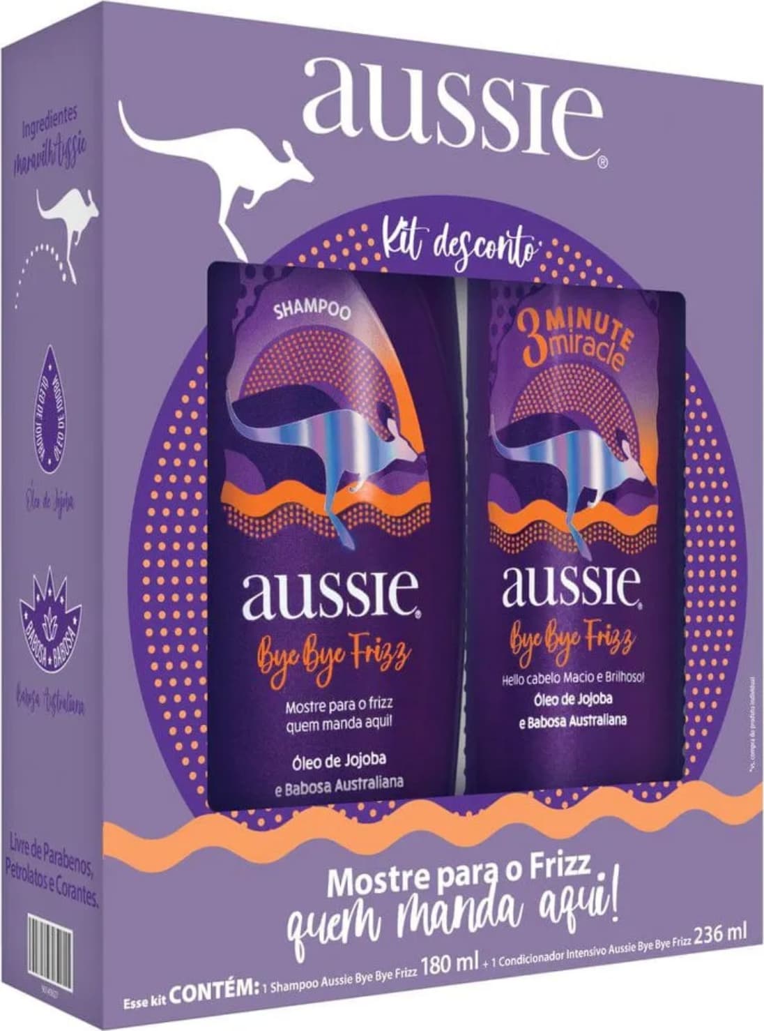 Kit Aussie: Shampoo 180ml + Condicionador Intensivo Bye Bye Frizz 236ml ...