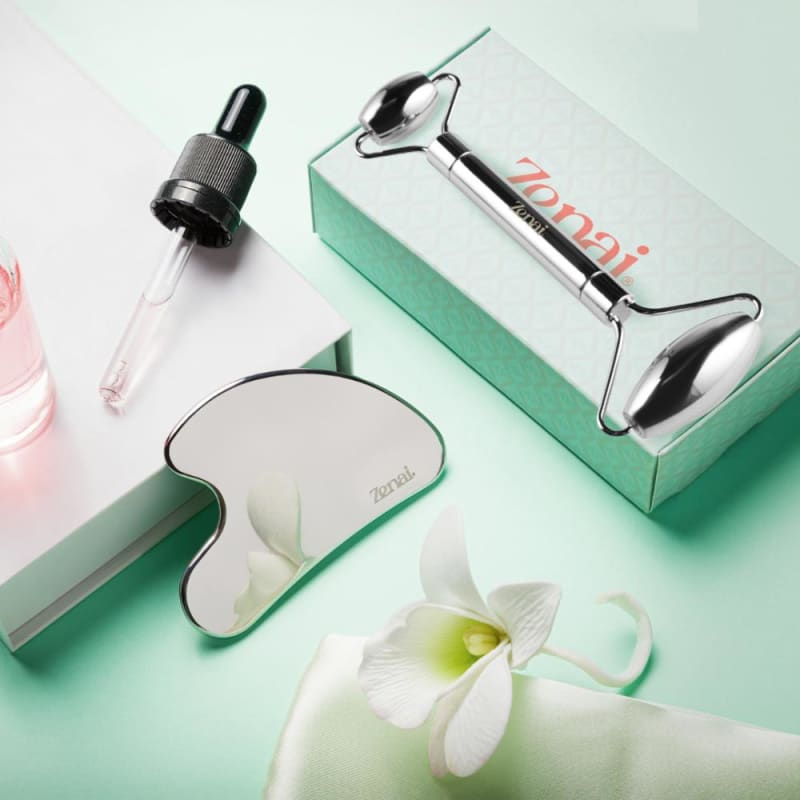 Kit Massagem Facial Boost - Gua Sha e Roller Inox Zenai