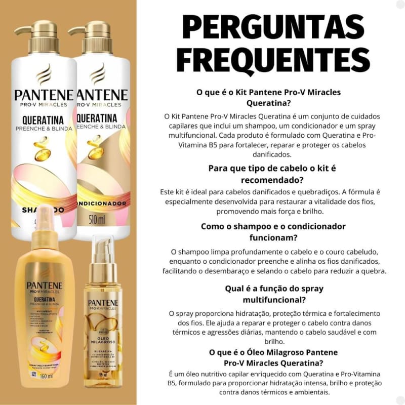 Kit Pantene Pro-V Miracles Queratina: Shampoo 510ml, Condicionador 510ml, Spray e Óleo