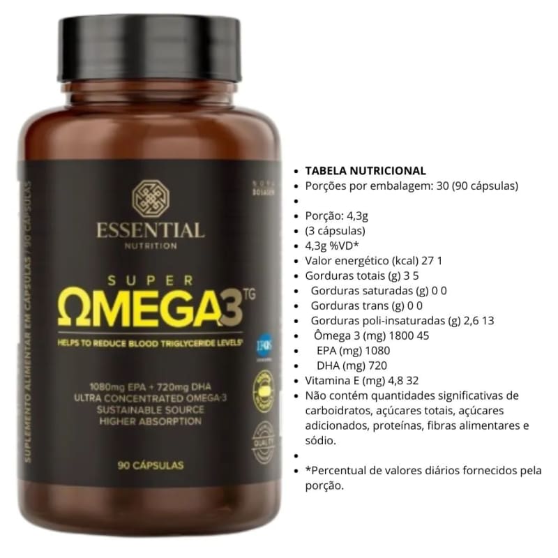 Essential Nutrition Super Omega 3 TG 1000mg Suplemento Alimentar ...