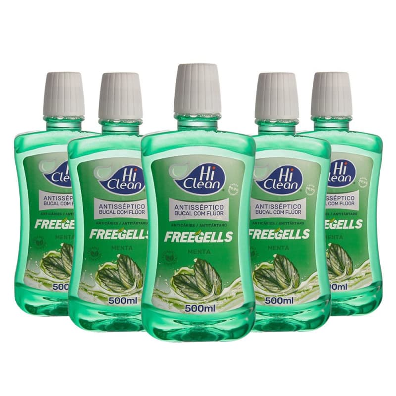 Kit 5 Antisséptico Bucal Hi Clean Freegells Menta com Flúor 500ml