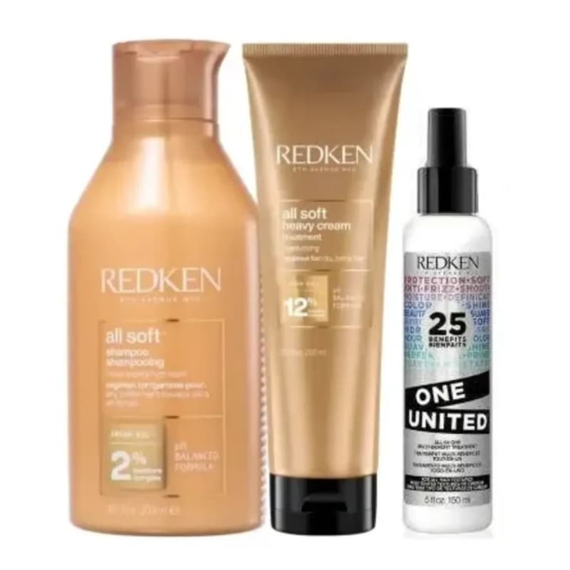 Kit Redken All Soft United Trio (Shampoo 300ml + Máscara 250ml + One ...
