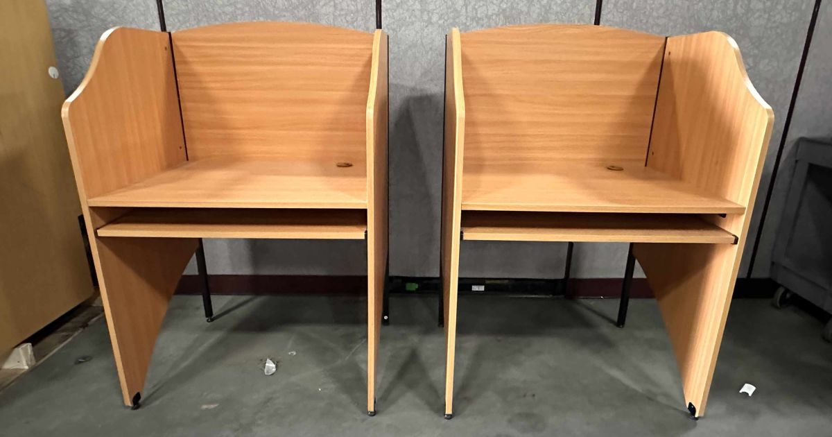 2 Identical Wood Grain Study Carrels w/ Keyboard Tray – Laminate Finish ...