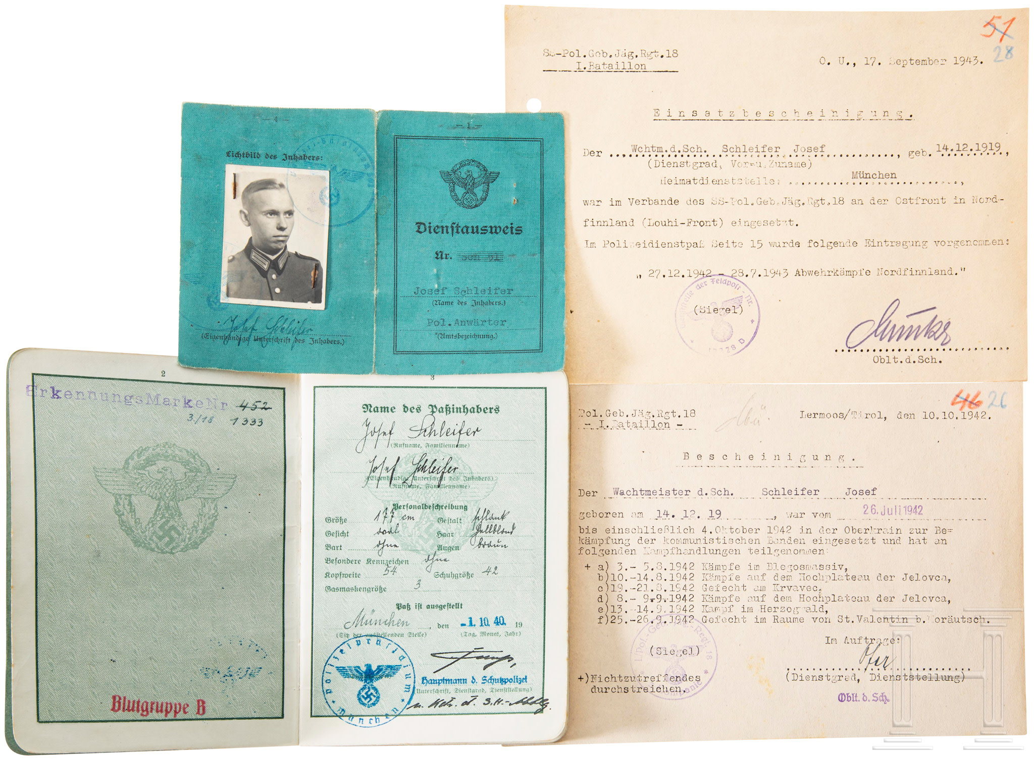 SS-Polizei Gebirgsjäger Regiment 18 - Soldbuch und Dokumente | Barnebys
