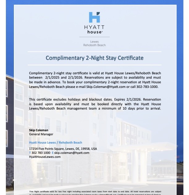 Complimentary 2Night Stay Certificate at Hyatt House Lewes/R ...