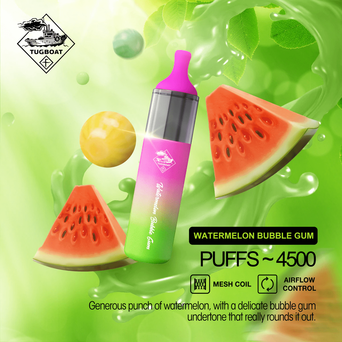 WATERMELON BUBBLE GUM TUGBOAT EVO DISPOSABLE VABE 4500 PUFFS 5% nicotine