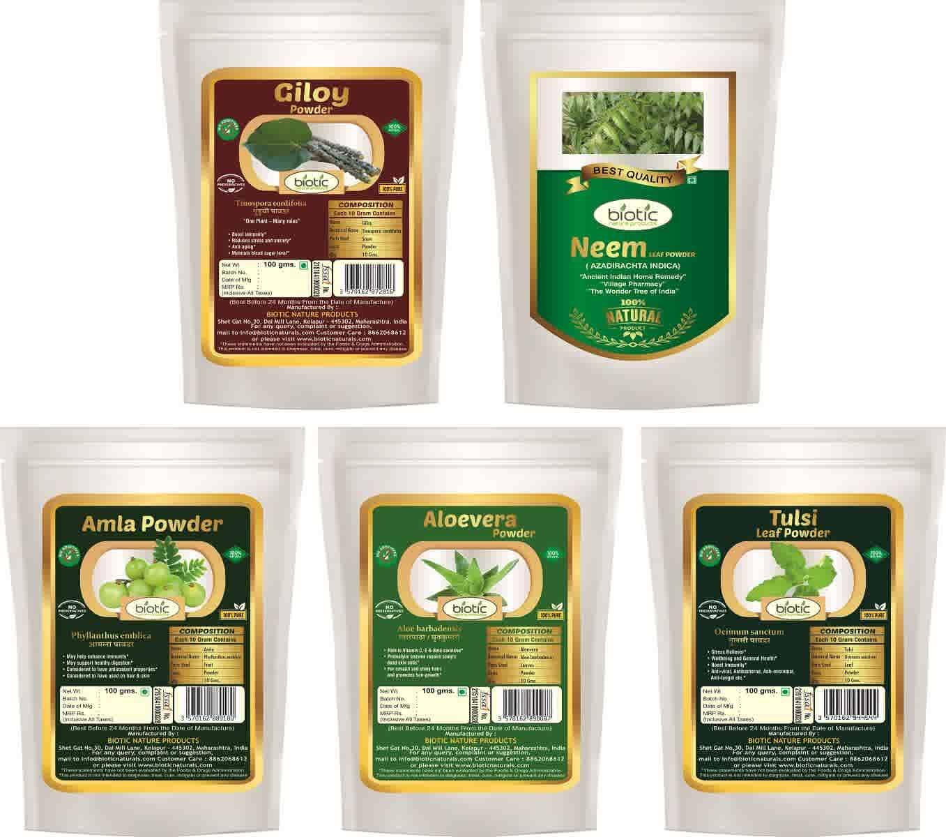Giloy, Neem Leaf, Amla, Aloevera and Tulsi Leaf Powder - 500g (100g ...