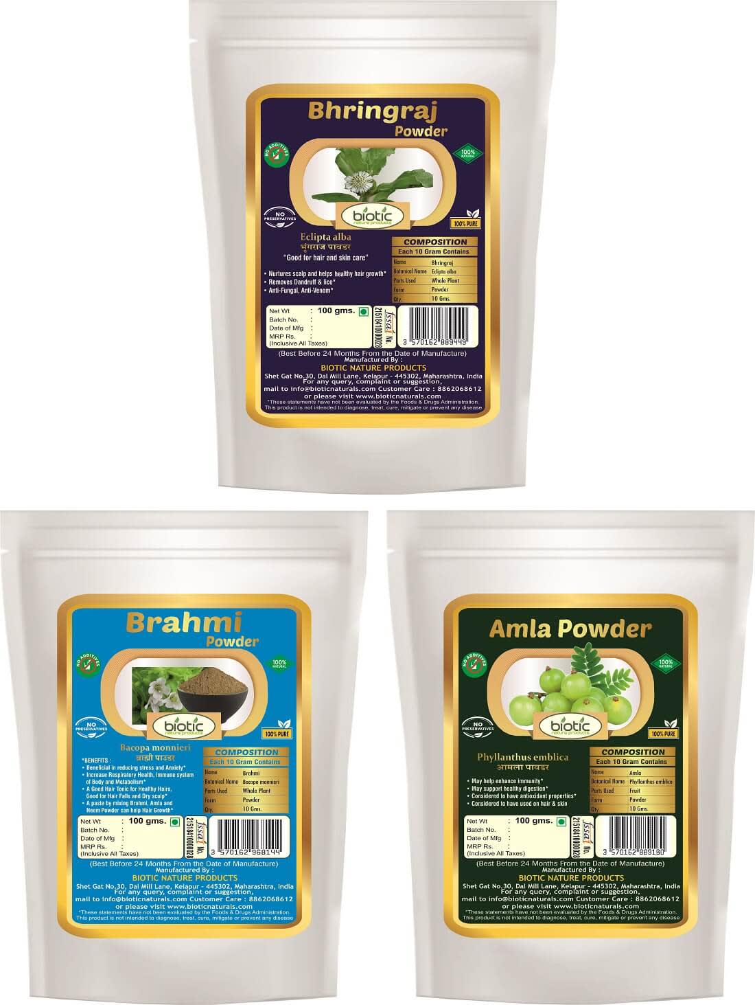 Bhringraj, Amla and Brahmi Powder - 300 gms (100 gms each) | Biotic ...