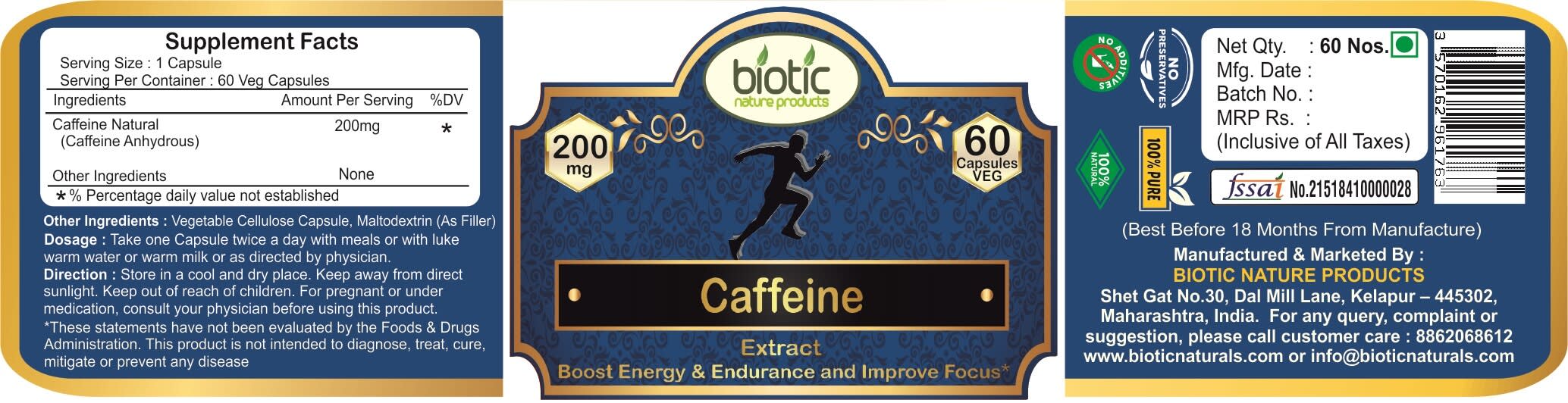 Natural Caffeine Extract Capsules | Biotic Nature Products