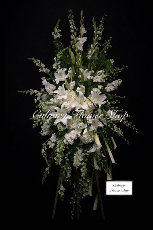 All White Sympathy Standing Spray w/ Callalilies in Los Angeles, CA ...