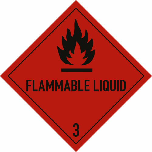 Entzündbare Flüssigkeit mit Text: FLAMMABLE LIQUID, Eindruck: 3 - Klasse 3 Entzündbare Flüssigkeit mit Text: FLAMMABLE LIQUID, Eindruck: 3 - Klasse 3