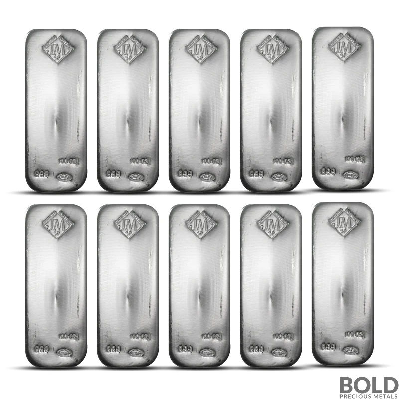 1000 oz Silver - 10 x 100 oz Johnson Matthey Silver Bars