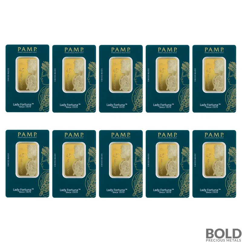 1 oz PAMP Lady Fortuna 45th Anniversary Gold Bar In Assay - Lot of 10