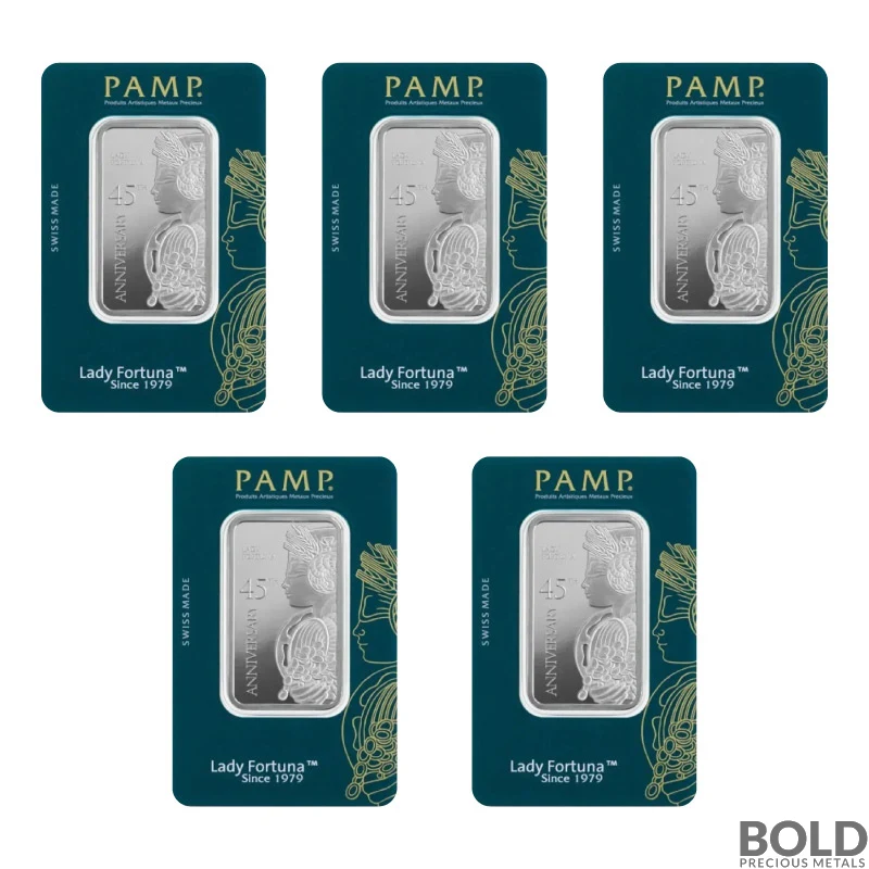 1 oz PAMP Lady Fortuna 45th Anniversary Silver Bar (In Assay) Lot of 5