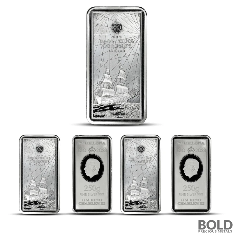 Lot of 5 - 2023 250 Gram St. Helena East India Company Silver Bar