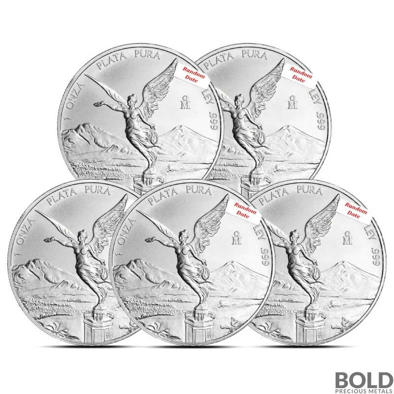 Lot of 5 - Random Date 1 oz Mexican Libertad Modern Design Silver Coin BU