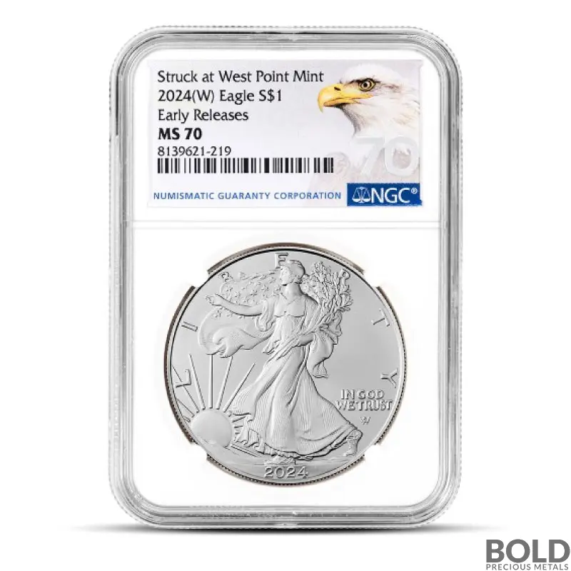 2024 (W) 1 oz America Silver Eagle Coin NGC MS70 (ER, Eagle Label)