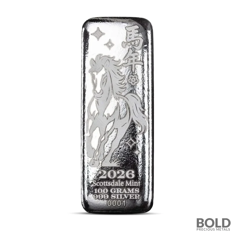 100 Gram Scottsdale Lunar Horse Silver Bar