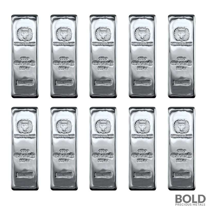 1000 oz Silver - 10 x 100 oz Germania Mint Cast Silver Bars