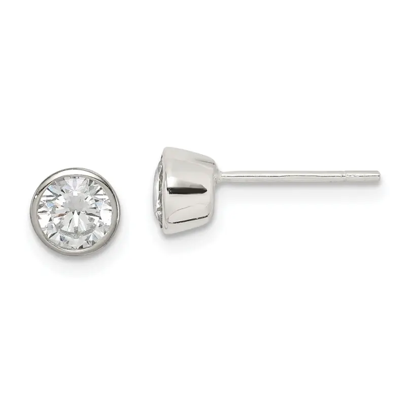 Round CZ Bezel Set Stud Earrings (SS Polished)