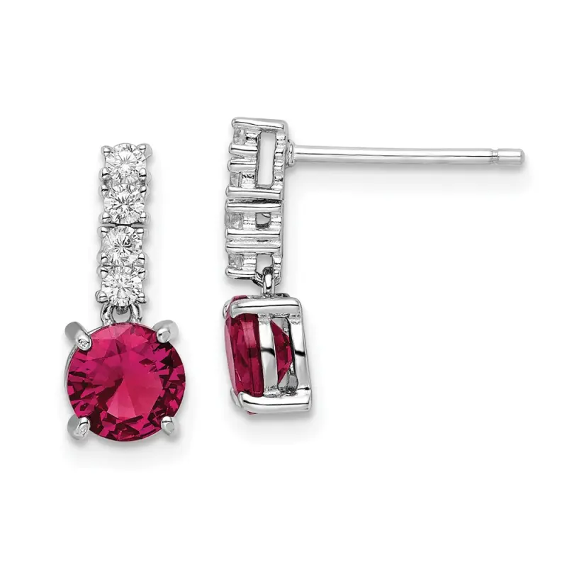 Sterling Silver Rhodium-Finished Created Ruby & CZ Post Dangle Earrings
