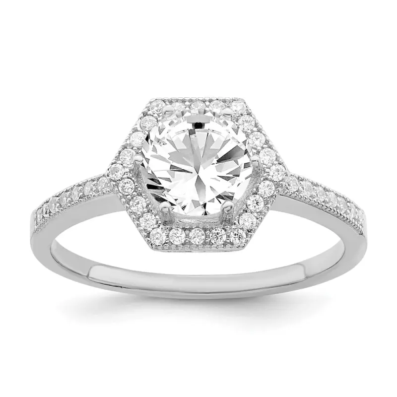 Brilliant Embers Rhodium-plated 39 Stone Hexagon Halo Micro Pav CZ Ring