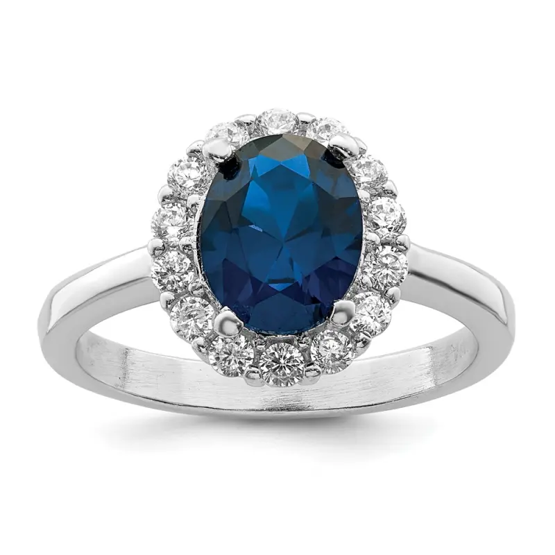Sterling Silver Polished Rhodium-finished Blue and Clear CZ Ring