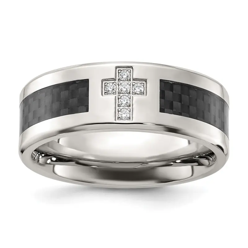 Sterling Silver Chisel Polished with Black Carbon Fiber Inlay CZ Cross Band