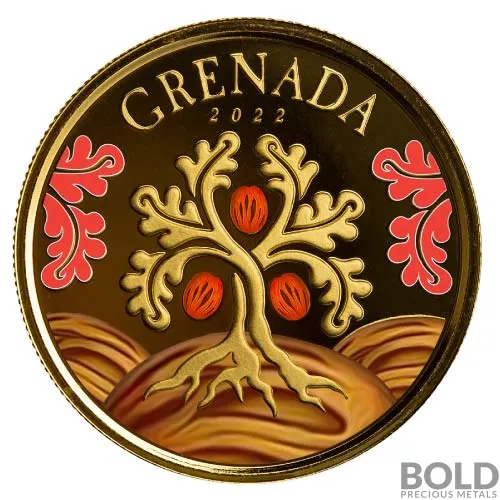 2022 1 oz EC8 Grenada Nutmeg Tree Colored Gold Proof Coin | BOLD ...