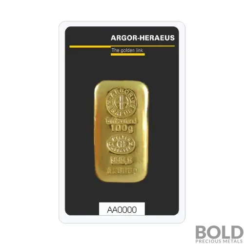 100 Gram Argor Heraeus Gold Cast Bar | BOLD Precious Metals