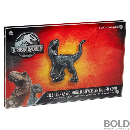 2021 2 oz Jurassic World Velociraptor Shaped Silver Coin Antiqued ...