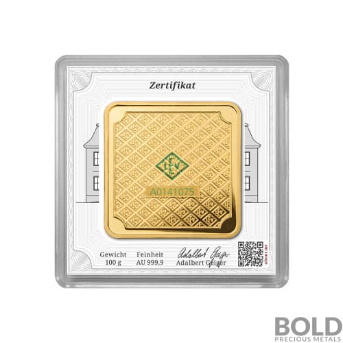 100 Gram Geiger Edelmetalle Square Mint Gold Bar