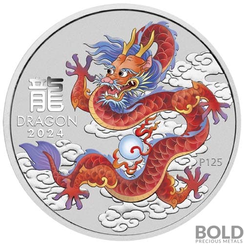 2024 1 oz Perth Lunar Red Dragon Colored Silver Coin (In Card)