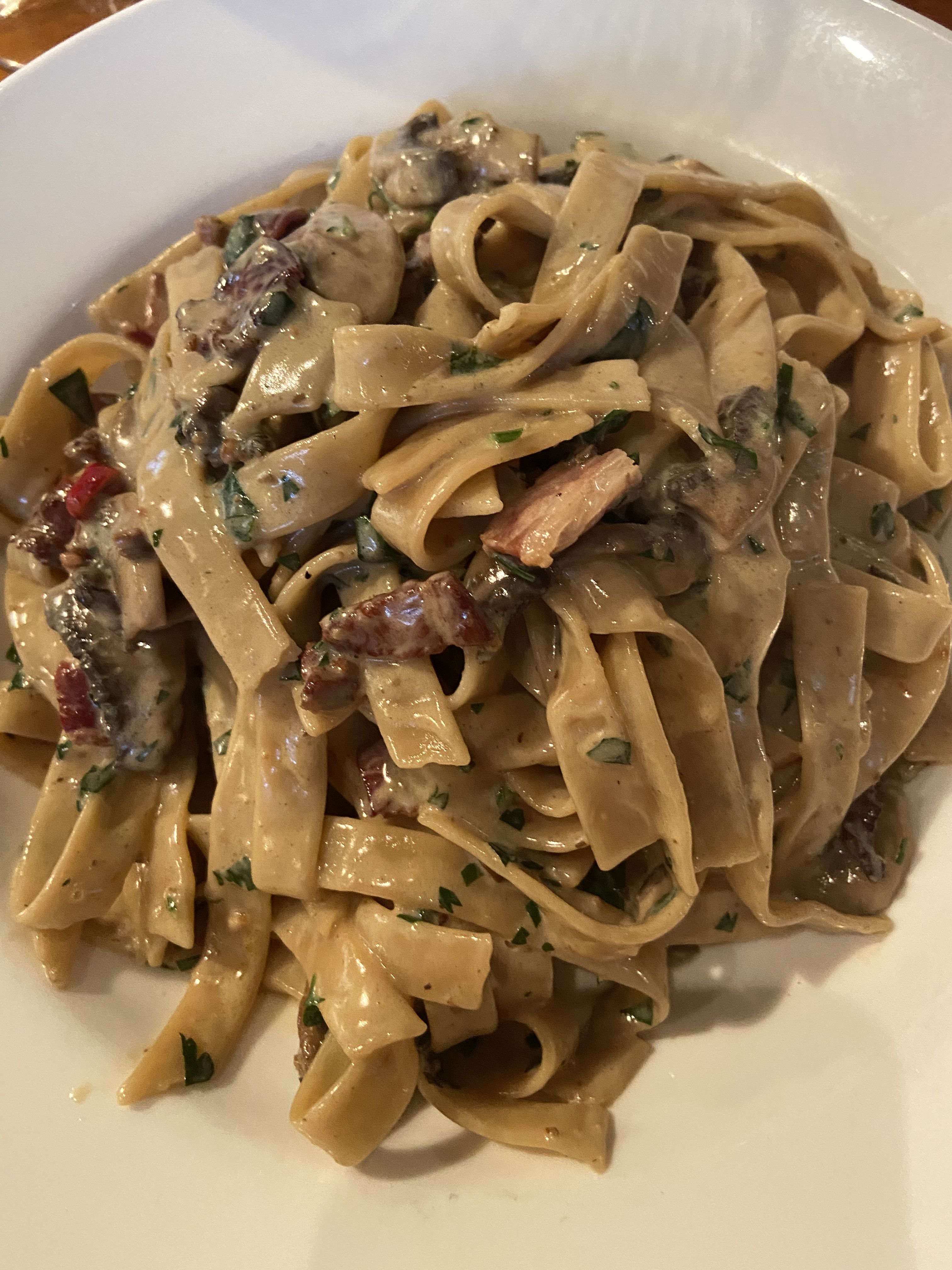 Bacon & Mushroom fettuccini, brown butter sauce | bunch