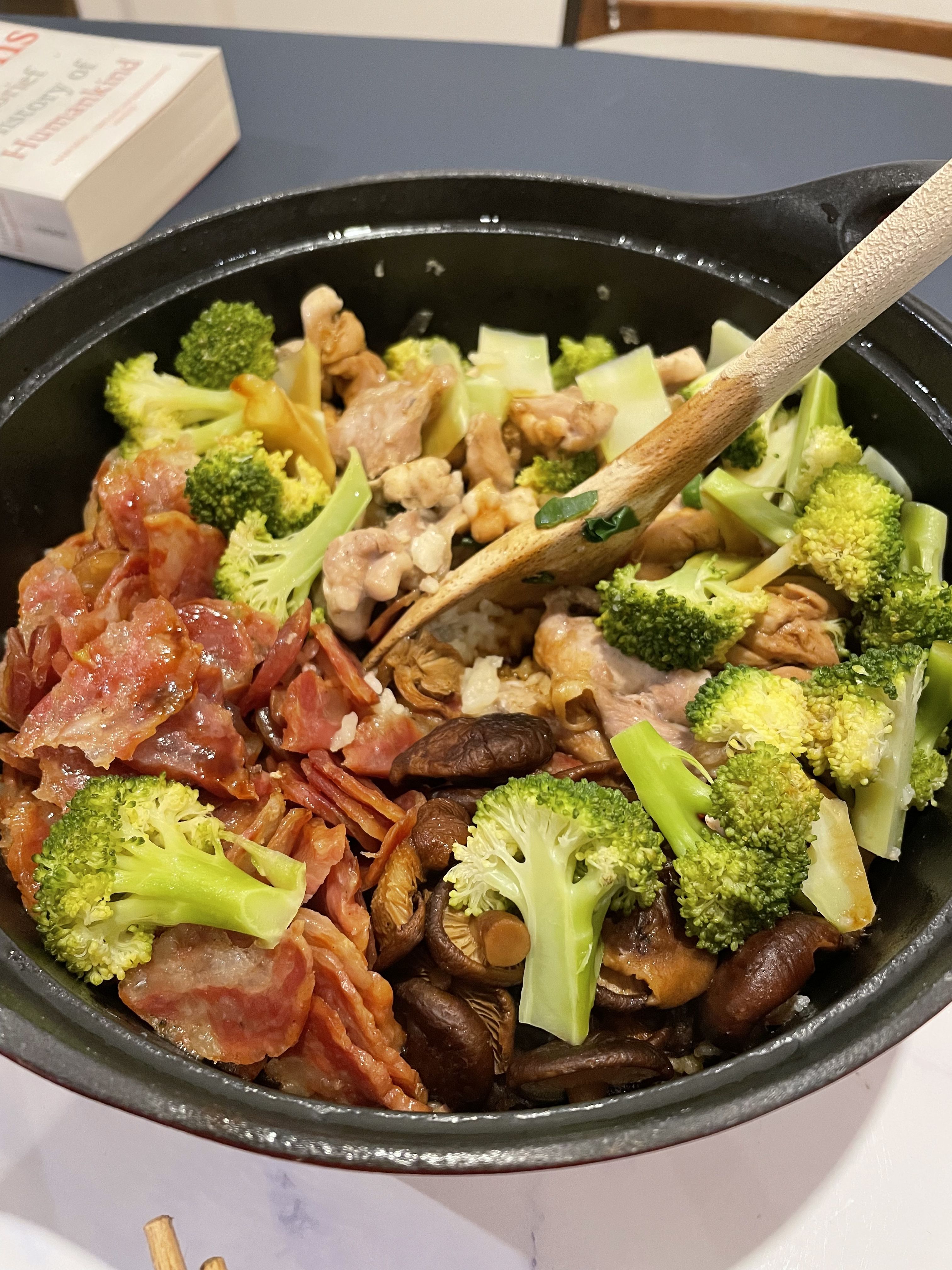 Rice and Chinese Cured meat in clay pot (iron pan) | bunch