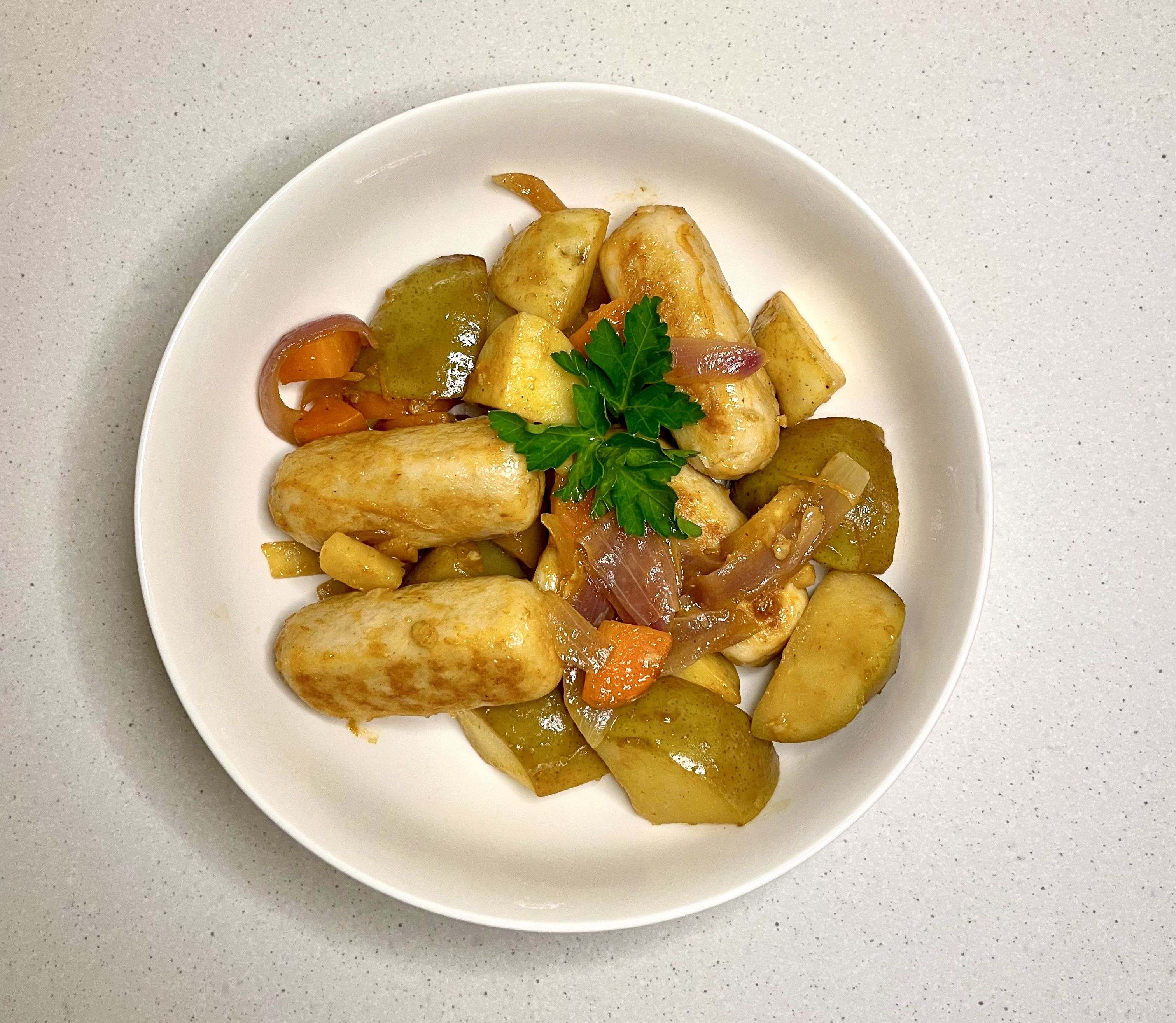 Braised chicken chipolatas, pears and root veggies | bunch