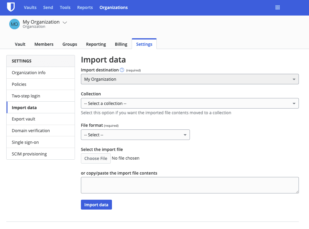 Import Data to an Organization | Bitwarden Help Center