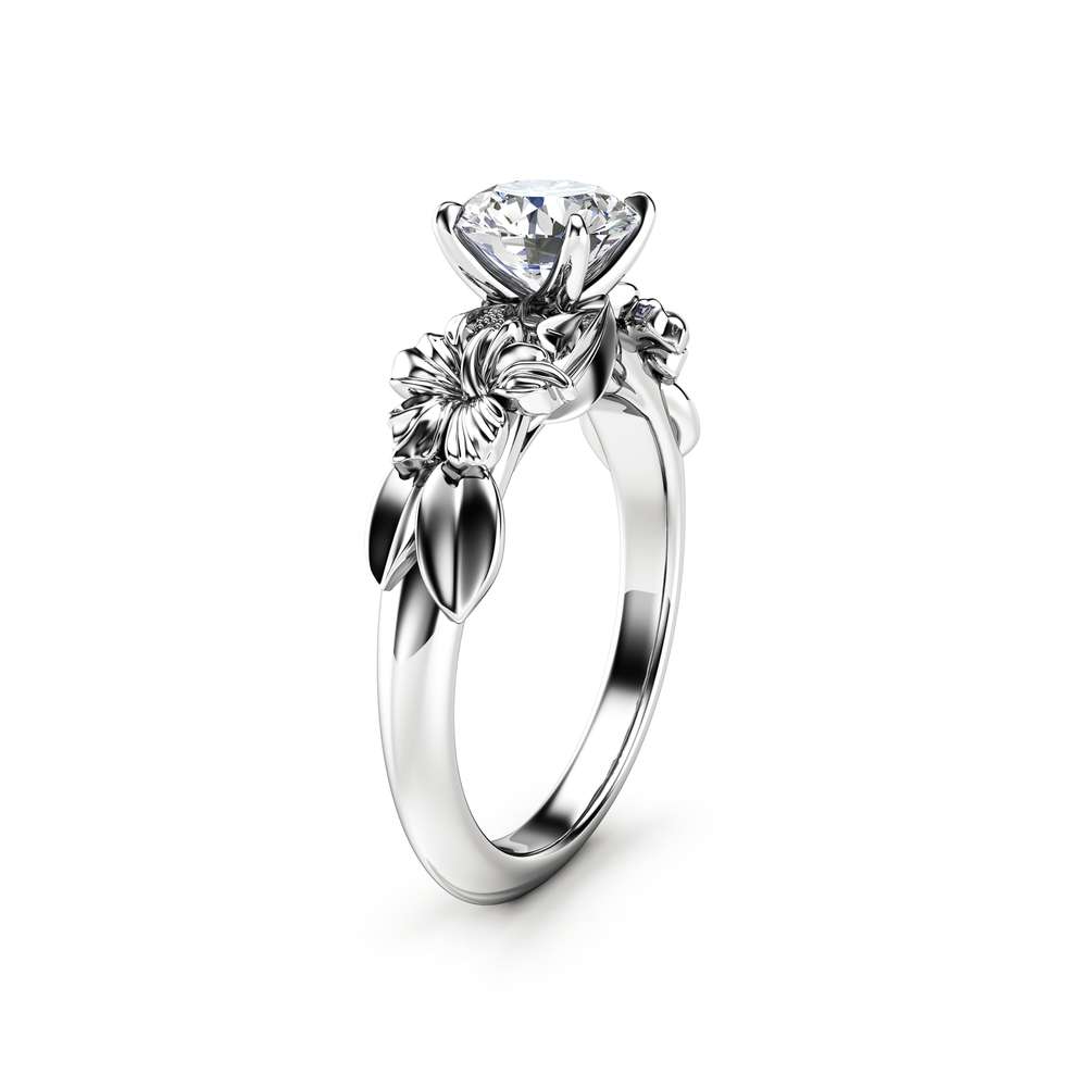 Hibiscus Flower Natural Diamond White Gold Engagement Ring - Camellia ...