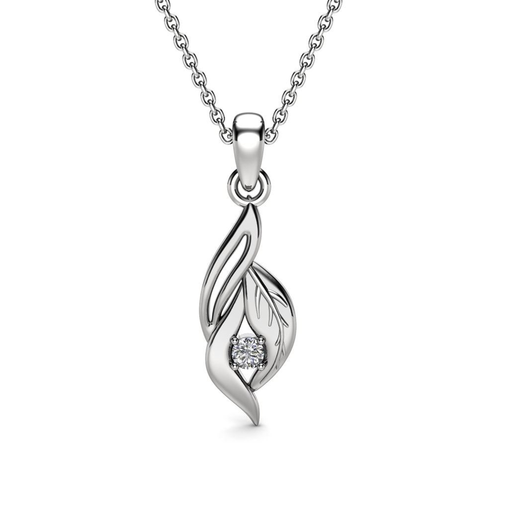 14K White Gold Diamond Dainty Leaf Pendant - Camellia Jewelry