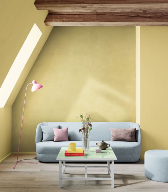 Living room with a sloped ceiling mockup