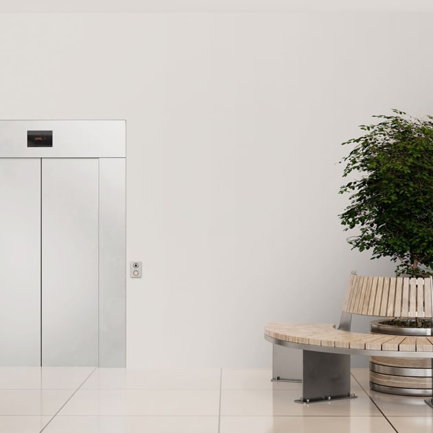 Office lobby with curved seating mockup