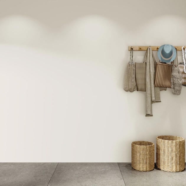 Interior hallway with wooden coat rack mockup