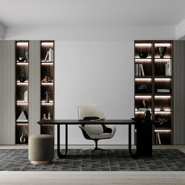 Modern office with backlit shelves mockup