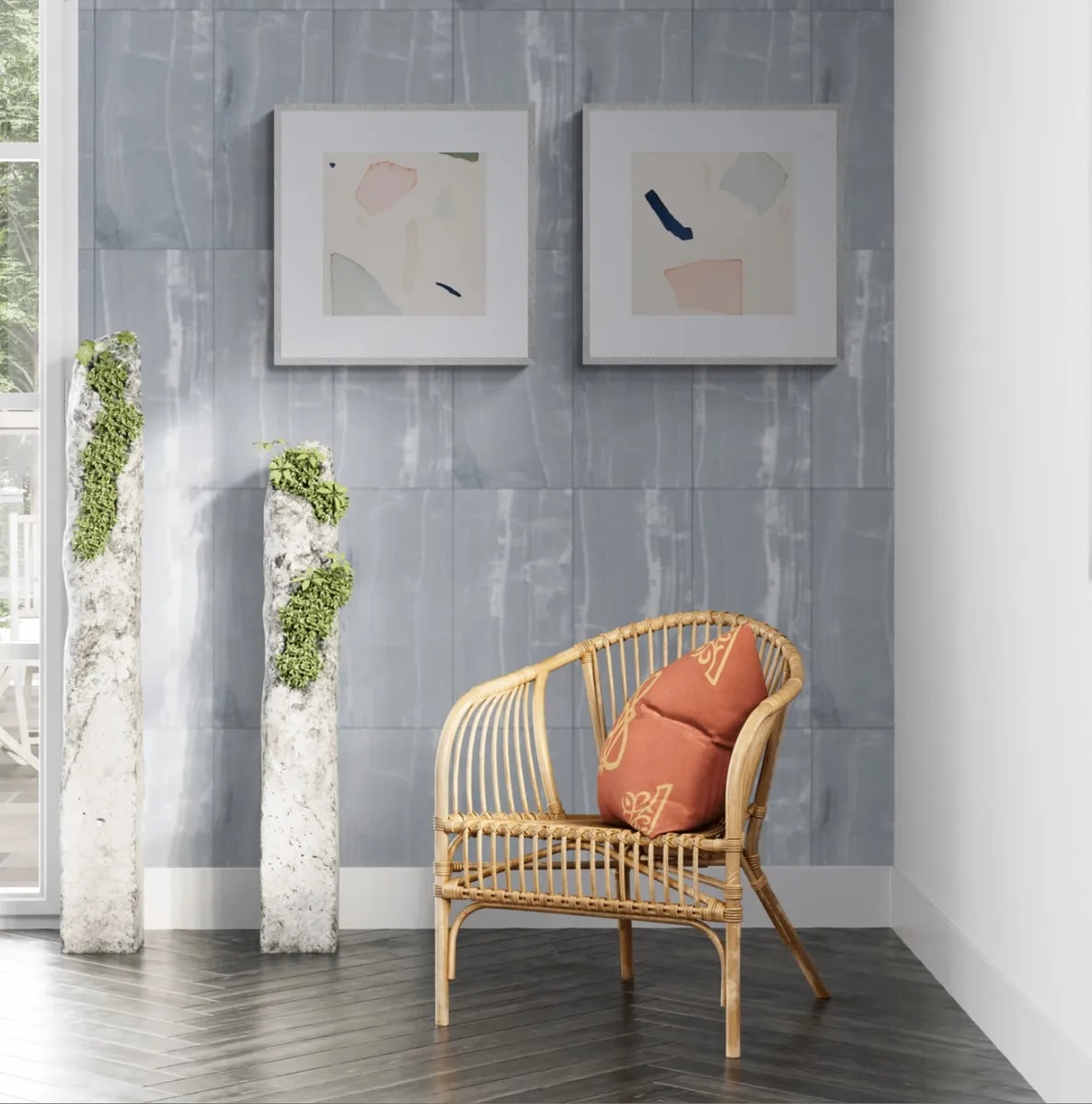 Living room with stone plinths mockup